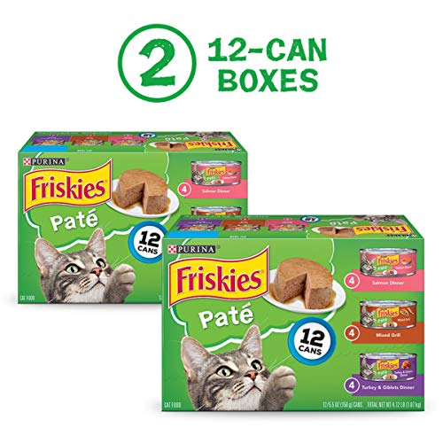 Purina Friskies Pate Wet Cat Food Pate Variety Pack Salmon Dinner, Turkey and Giblets and Mixed Grill - (2 Packs of 12) 5.5 oz. Cans