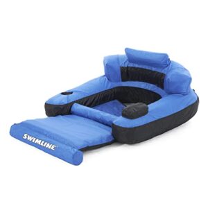 swimline inflatable durable fabric swimming pool floating lounger chair with armrest, backrest, and built-in cupholder for adults and kids, blue