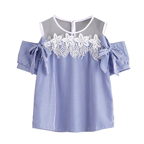 FORUU 2020 Warehouse Product Women Short Sleeve Off Shoulder Lace Striped Blouse Casual Tops T-Shirt Chiffon Summer Best for Mother Girlfriend Wife Daughter Wife Ladies Cute Newest Arrivals Blue