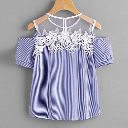 FORUU 2020 Warehouse Product Women Short Sleeve Off Shoulder Lace Striped Blouse Casual Tops T-Shirt Chiffon Summer Best for Mother Girlfriend Wife Daughter Wife Ladies Cute Newest Arrivals Blue