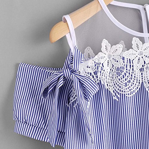 FORUU 2020 Warehouse Product Women Short Sleeve Off Shoulder Lace Striped Blouse Casual Tops T-Shirt Chiffon Summer Best for Mother Girlfriend Wife Daughter Wife Ladies Cute Newest Arrivals Blue