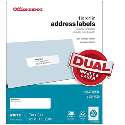 Office Depot White Inkjet/Laser Address Labels, 1in. x 4in., Pack Of 500, 505-O004-0006