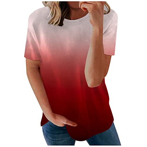 Summer Tops for Women 2023 Gradient Shirt Women Short Sleeve Tshirts Tees Blouse Tunic Casual Loose Fit Crewneck Tops C-red