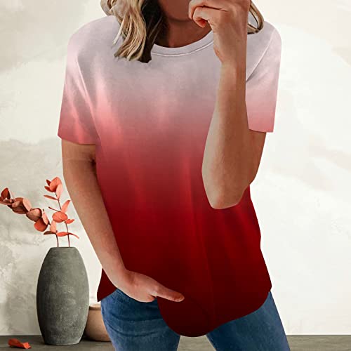 Summer Tops for Women 2023 Gradient Shirt Women Short Sleeve Tshirts Tees Blouse Tunic Casual Loose Fit Crewneck Tops C-red