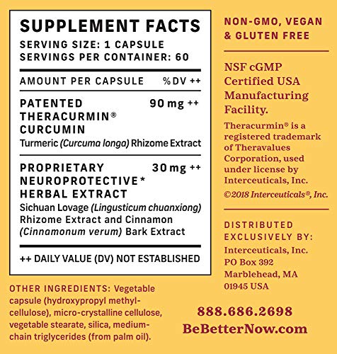 Interceuticals Better Memory - Theracurmin Curcumin 90 mg - Clinically Proven Dose, Improves Focus, Recall, Memory, and Mood* - High Absorption Turmeric Extract* (1 Bottle)