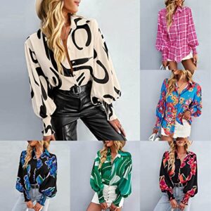 Button Down Shirts for Women Collared Long Lantern Sleeve Loose Fall Blouse Trendy To Wear with Leggings Patterned Autumn Tunic Tops Hawaii Boho Print Elastic Sleeve Summer Leaves Green