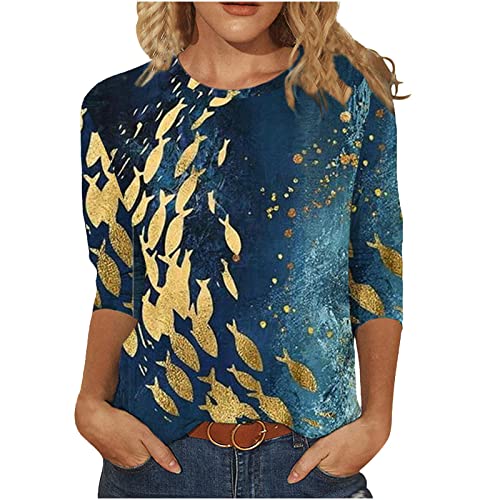 Royal Blue Top Tee for Female Summer Fall Long Sleeve 3/4 Sleeve Crew Neck Cotton Graphic Sequin Sparkly Loose Fit Casual Top X8 S