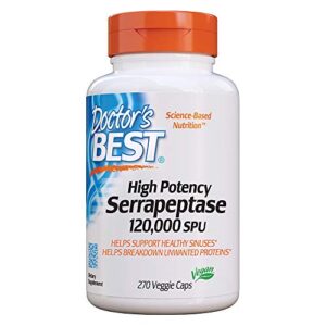 doctor’s best high potency serrapeptase, non-gmo, gluten free, vegan, supports healthy sinuses, 120, 000 spu, 270 veggie caps