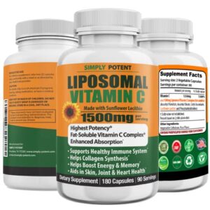 liposomal vitamin c 1500mg, 180 capsules, enhanced absorption fat soluble ascorbic acid vit c, liquid liposomal vitamin c alternative, high dose supplement for immune, collagen, heart & brain support