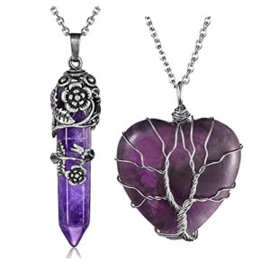 top plaza bundle – 2 items: natural crystal amethyst antique silver flower necklace & tree of life wire wrapped heart shape stone pendant necklace