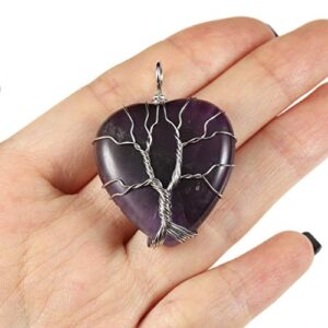 Top Plaza Bundle - 2 Items: Natural Crystal Amethyst Antique Silver Flower Necklace & Tree of Life Wire Wrapped Heart Shape Stone Pendant Necklace