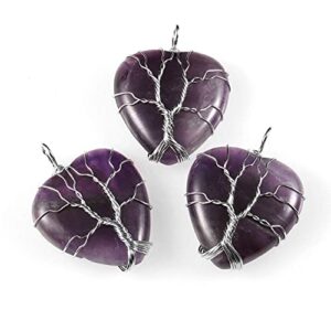 Top Plaza Bundle - 2 Items: Natural Crystal Amethyst Antique Silver Flower Necklace & Tree of Life Wire Wrapped Heart Shape Stone Pendant Necklace