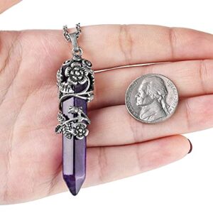 Top Plaza Bundle - 2 Items: Natural Crystal Amethyst Antique Silver Flower Necklace & Tree of Life Wire Wrapped Heart Shape Stone Pendant Necklace