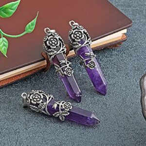 Top Plaza Bundle - 2 Items: Natural Crystal Amethyst Antique Silver Flower Necklace & Tree of Life Wire Wrapped Heart Shape Stone Pendant Necklace