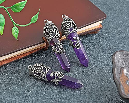 Top Plaza Bundle - 2 Items: Natural Crystal Amethyst Antique Silver Flower Necklace & Tree of Life Wire Wrapped Heart Shape Stone Pendant Necklace