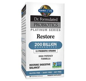 garden of life dr. formulated probiotics platinum series restore 200 billion cfu high potency formula, vegan, non-gmo, gluten, dairy & soy free digestive immune probiotic support, 28 capsules