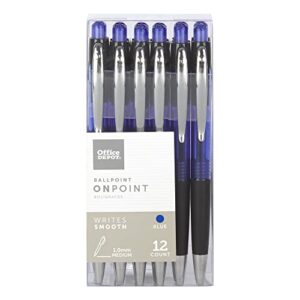 office depot soft-grip retractable ballpoint pens, medium point, 1.0 mm, blue barrel, blue ink, pack of 12