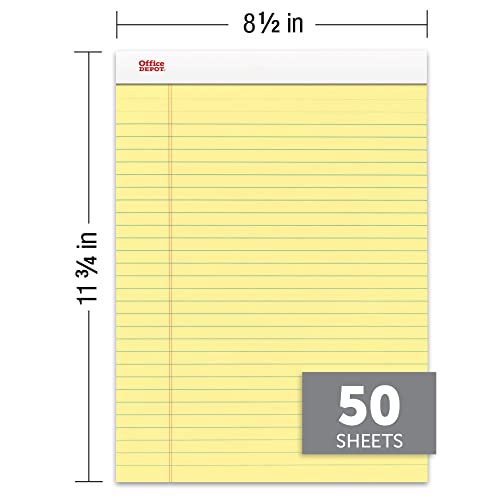 Office Depot(R) Perforated Writing Pads, 8 1/2" x 11 3/4", Legal Ruled, Canary, Pack Of 12