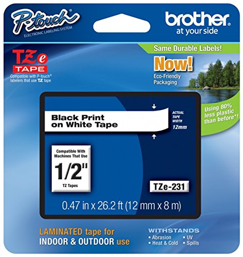 Genuine Brother 1/2" (12mm) Black on White TZe P-touch Tape for Brother PT-1760, PT1760 Label Maker with FREE TZe Tape Guide Included