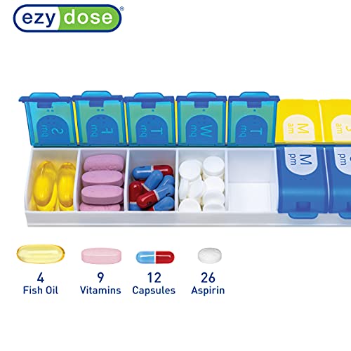 EZY DOSE Weekly (7-Day) Pill Organizer, Vitamin Case, and Medicine Box, 2 Times a Day, AM PM, Large Compartments, Easy Fill All Compartments at Once, Color May Vary (Pack of 2)