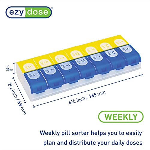 EZY DOSE Weekly (7-Day) Pill Organizer, Vitamin Case, and Medicine Box, 2 Times a Day, AM PM, Large Compartments, Easy Fill All Compartments at Once, Color May Vary (Pack of 2)