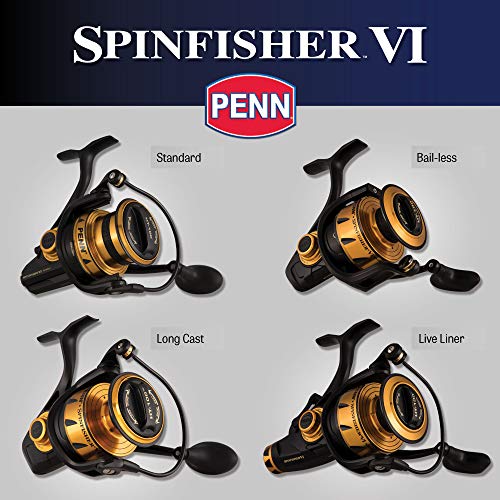 PENN 1481261 Spinfisher VI Spinning Saltwater Reel, 3500 Reel Size, 6.2: 1 Gear Ratio, 37" Retrieve Rate, 6 Bearings, Ambidextrous Black Gold