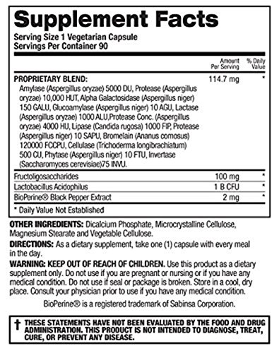 Top Secret Nutrition Digestive Enzymes with Prebiotics and Probiotics, and Bioperine for Better Digestion and Nutrient Absorption, Helps with Bloating and Gas (90 veggie caps)