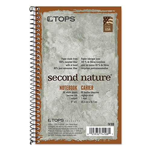 TOPS Second Nature Notebook, Recycled, 5 x 8 Inches, Narrow Rule, 80 Sheets per Book, Green Cover (74108), 8" x 5"