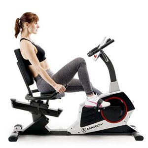 marcy regenerating recumbent exercise bike with adjustable seat, pulse monitor and transport wheels me-706