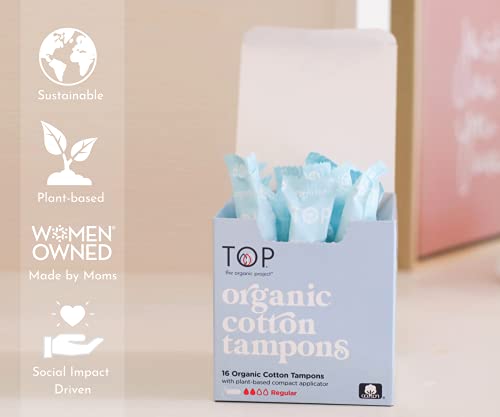 TOP the Organic Project: 100% Organic Pure Cotton Tampons | (Unscented, Dye & Chemical Free. Safe, Thin & Superior Protection), Eco-Conscious, Plant Based Applicator, Regular (16)