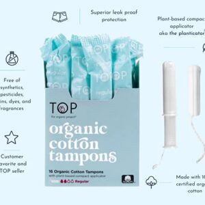 TOP the Organic Project: 100% Organic Pure Cotton Tampons | (Unscented, Dye & Chemical Free. Safe, Thin & Superior Protection), Eco-Conscious, Plant Based Applicator, Regular (16)