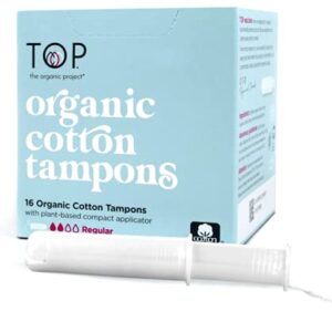 TOP the Organic Project: 100% Organic Pure Cotton Tampons | (Unscented, Dye & Chemical Free. Safe, Thin & Superior Protection), Eco-Conscious, Plant Based Applicator, Regular (16)