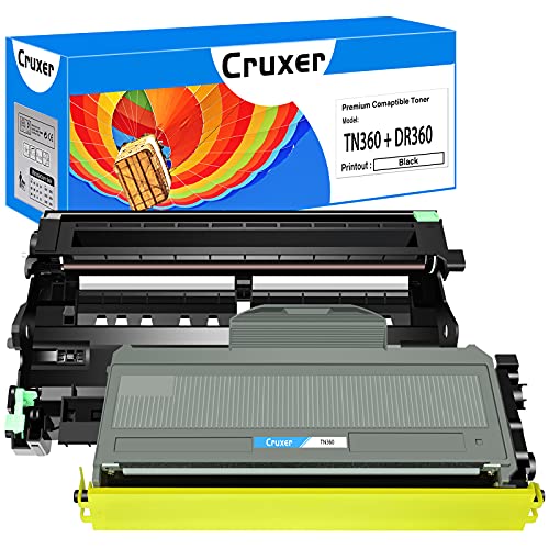 Cruxer Black Toner Cartridge + Drum Unit Replacement Set Compatible for Brother TN360 TN-360 DR360 DR-360 Used for HL-2140 HL-2170W MFC-7840W MFC-7340 MFC-7345N DCP-7040 Printer (1 Toner, 1 Drum)