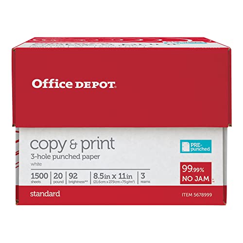 Office Depot® Brand 3-Hole Punched Multi-Use Print & Copy Paper, Letter Size (8 1/2" x 11"), 92 (U.S.) Brightness, 20 Lb