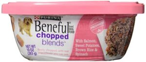 purina beneful chopped blends wet dog food, with salmon, sweet potatoes, brown rice and spinach, 10 oz tub (8 pack)