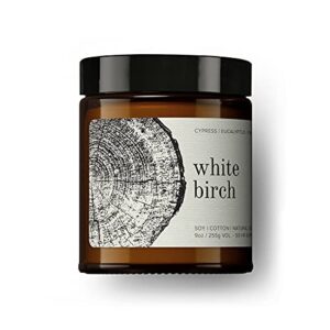 broken top – white birch|9 oz. cyprus, eucalyptus & pine. pure soy wax candle. 50-hour burn time. natural cotton wick, vegan, no parabens, no phthalates