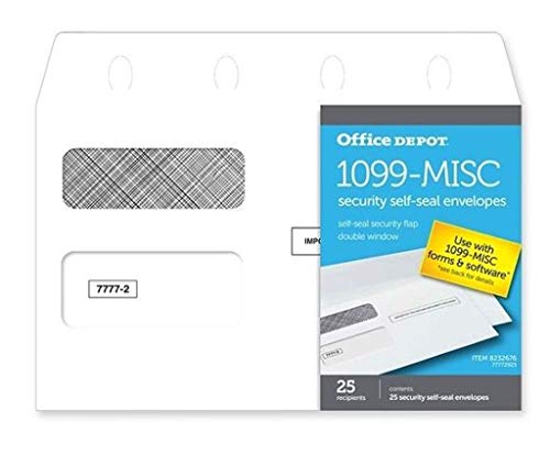 Office Depot Brand 1099-MISC Double-Window 25 Recipient Security Self-Seal Envelopes, 5 5/8" x 9", White, Pack of 25 Envelopes