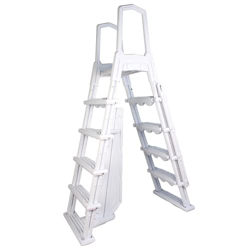 Swimline HYDROTOOLS 87975 Premium A-Frame Ladder Entry Exit System with Handrails for Above Ground Pools | 48 to 54 Inch Height | with Flip Up Ladder, Slide Lock Safety Barrier & XL Non Slip Treads