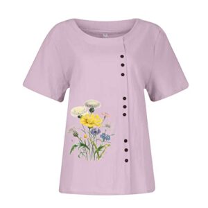 cotton linen tops for women short sleeve flower graphic print crewneck vintage blouse shirts tops loose fit tunic tee