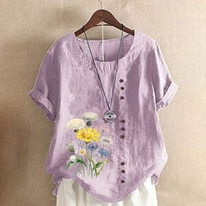 Cotton Linen Tops for Women Short Sleeve Flower Graphic Print Crewneck Vintage Blouse Shirts Tops Loose Fit Tunic Tee