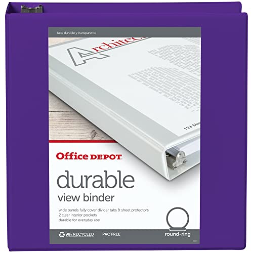 Office Depot Nonstick Round-Ring View Binder, 2in. Rings, 100% Recycled, Purple, OD06620