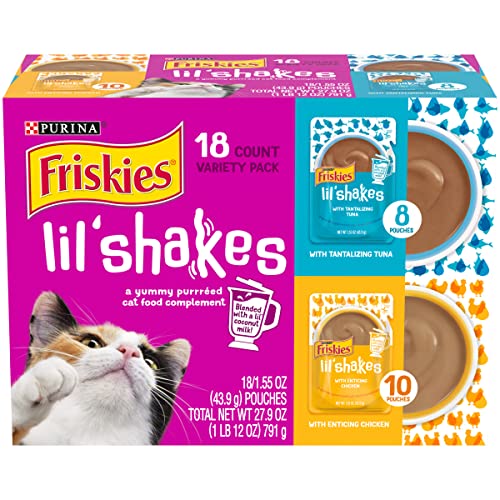 Friskies Purina Pureed Cat Food Topper Variety Pack, Lil' Shakes with Chicken and with Tuna Varieties - (2 Packs of 18) 1.55 oz. Pouches