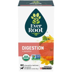 everroot organic dog supplement by purina, digestion chewable tablet with pumpkin for dogs – 4.23 oz. canister