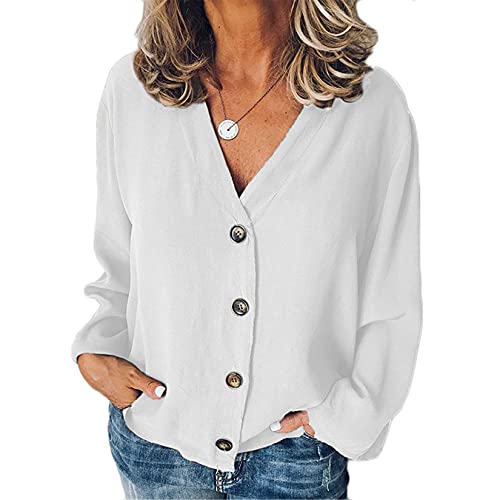 Andongnywell Womens Tunic Blouse Tie Tops Loose V-Neck Wing Solid Color Shirts Cardigan Long Sleeve Shirt (White,X-Large,)