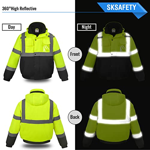 SKSAFETY High Visibility Reflective Jackets for Men, Waterproof Class 3 Safety Jacket with Pockets, Hi Vis Yellow Coats with Black Bottom, Mens Work Construction Coats for Cold Weather, 2XL, 1 Pack