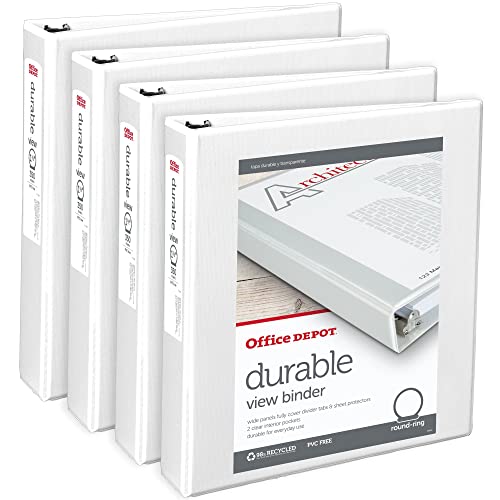 Office Depot® Brand Durable View 3-Ring Binder, 1 1/2" Round Rings, 49% Recycled, White, Pack Of 4