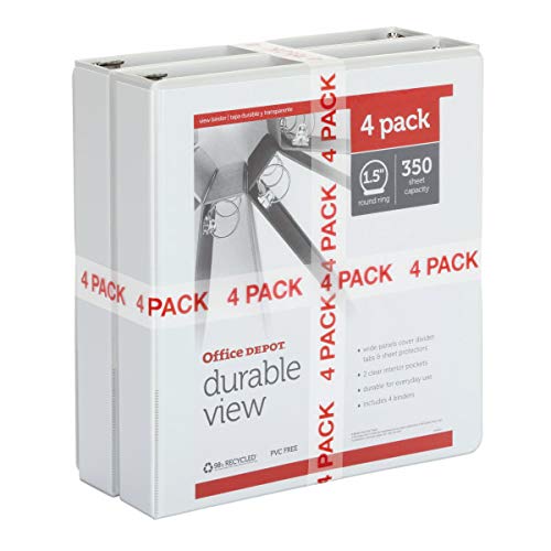 Office Depot® Brand Durable View 3-Ring Binder, 1 1/2" Round Rings, 49% Recycled, White, Pack Of 4