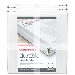 Office Depot® Brand Durable View 3-Ring Binder, 1 1/2" Round Rings, 49% Recycled, White, Pack Of 4