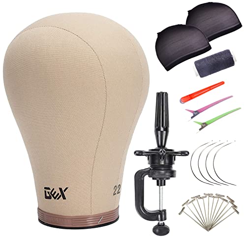 GEX 22" Canvas Cork Wig Block Mannequin Head for Wig Making Drying Styling Display with Table C Clamp Stand Holder (Light Brown 22")