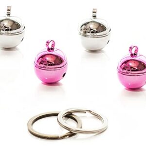 Dog and Cat Collar Bells Pink and Silver 4-Piece Combo Pet Tracker Round Handmade Copper with 4 Keyring Pendant Bells Loud Anti-Lost Training Bells